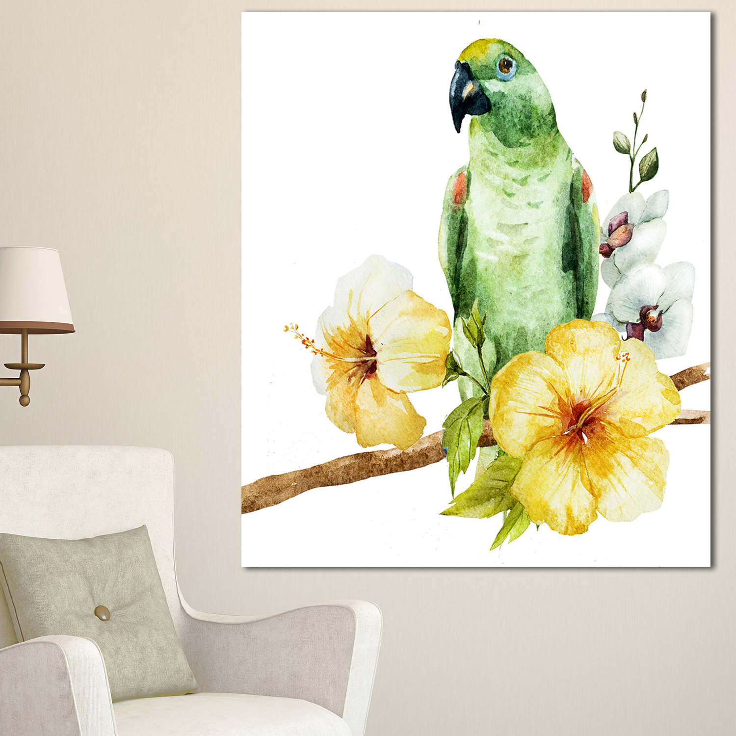 "Parrot With Flowers Watercolor Floral" Painting Canvas Print, 16"x32 ...