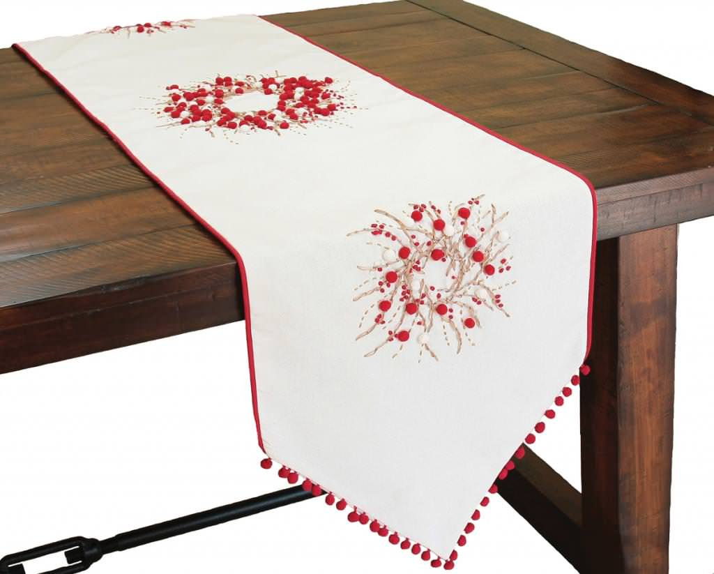 Handmade Holiday Berry Wreath Ribbon/Pom Pom Double Layer Table Runner ...