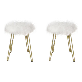 Fauxfur White Vanity Foot Stool With Golden Metal Legs, Set of 2 ...