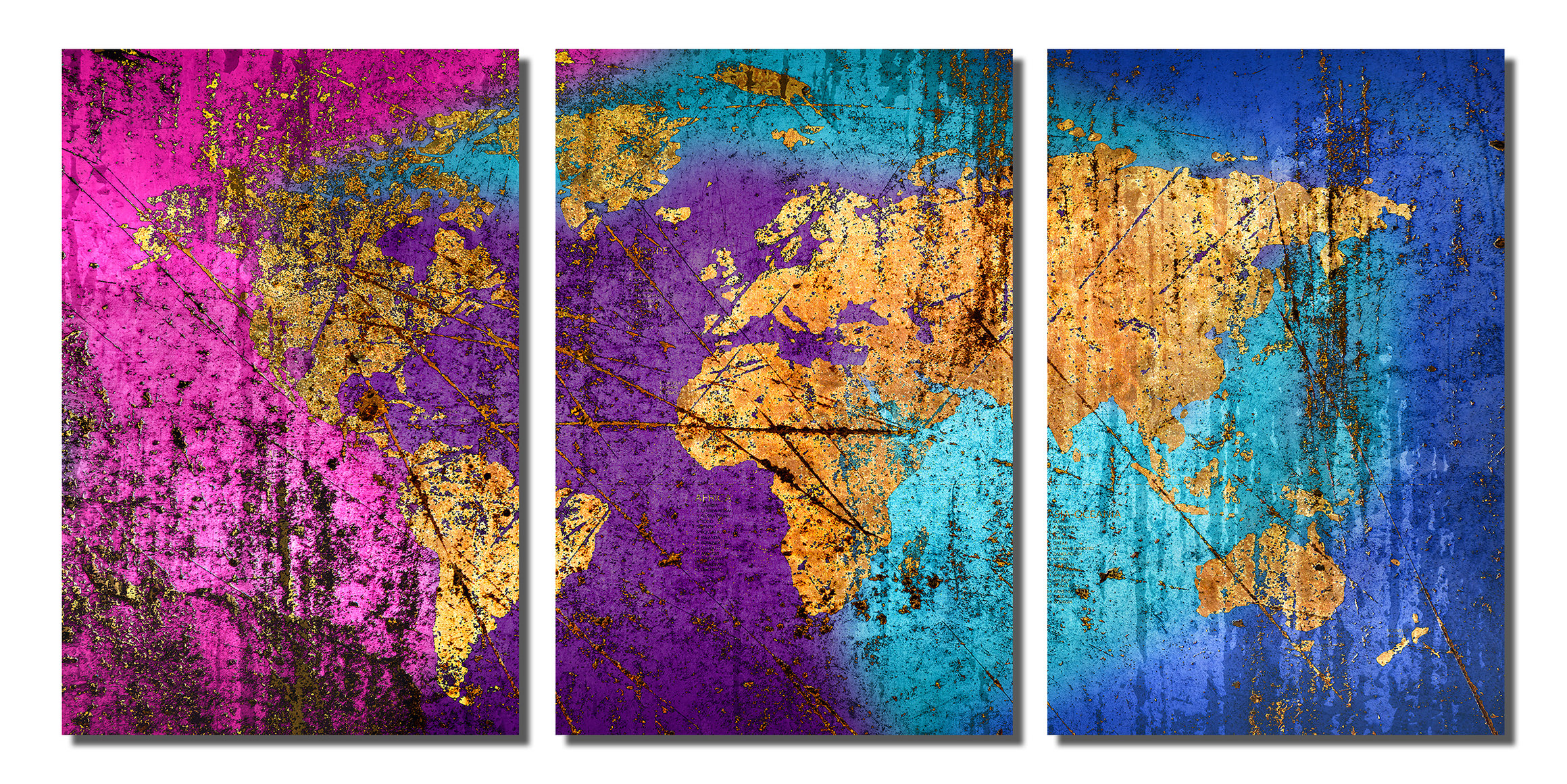 Colorful Abstract World Map, Metal Print Wall Art, 3 Panel Split ...
