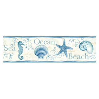 Island Bay Blue Seashells Border Wallpaper,, Sample - Beach Style ...