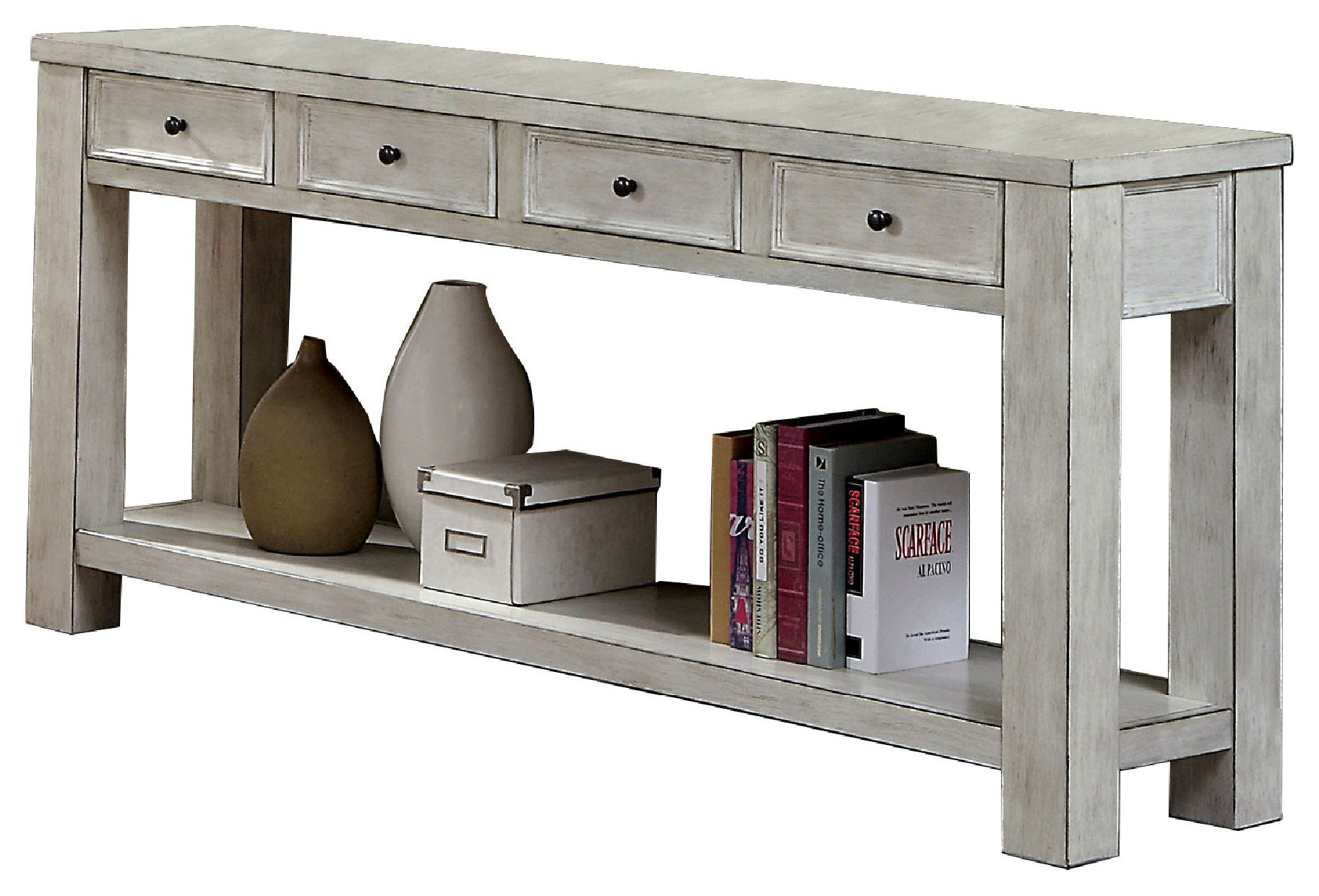 Transitional Wooden Console Table With 4 Drawers and Open Shelf, White ...