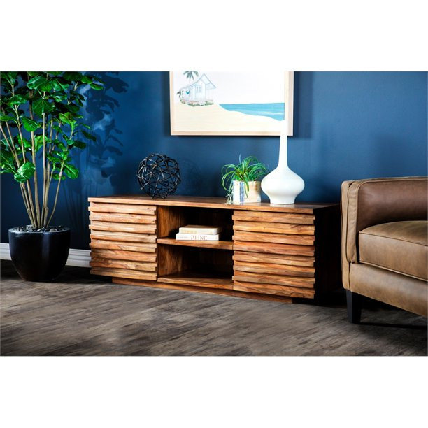 Rustic Sheesham Wood TV Console with Adjustable Shelf and Channeled ...