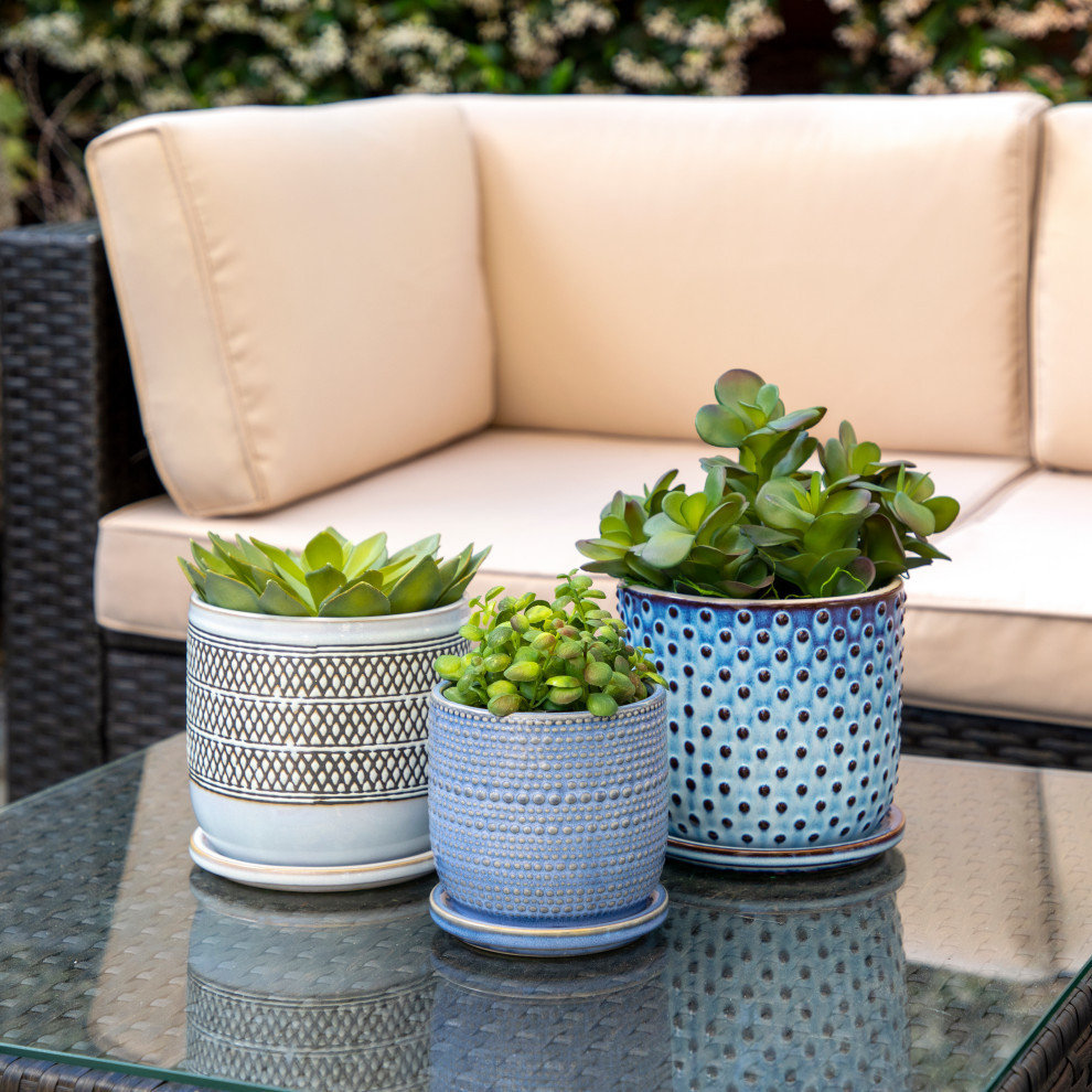 Ceramic 5" Textured Planter With Saucer, Blue - Transitional - Indoor ...