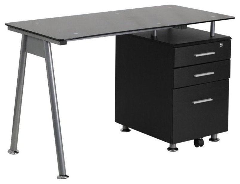 Flash Furniture Black Glass Computer Desk With 3-Drawer Pedestal ...