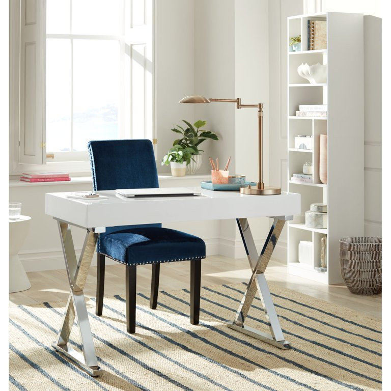 Glossy White Desk with X-Shaped Chrome Legs and Sleek Handless Drawer ...