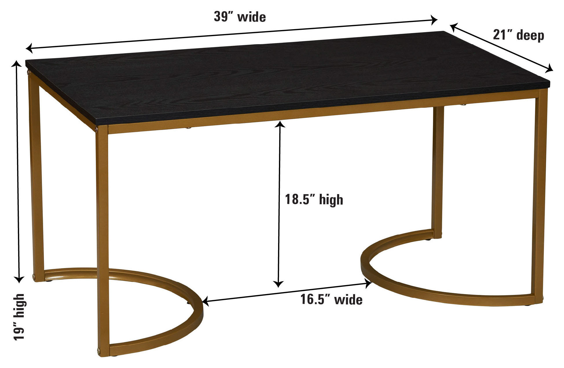 Half Moon Rectangular Coffee Table Black Oak Wood Grain and Gold Metal ...