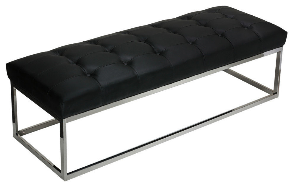 Biago Contemporary Oversized Tufted Long Bench, Black Leather Like ...
