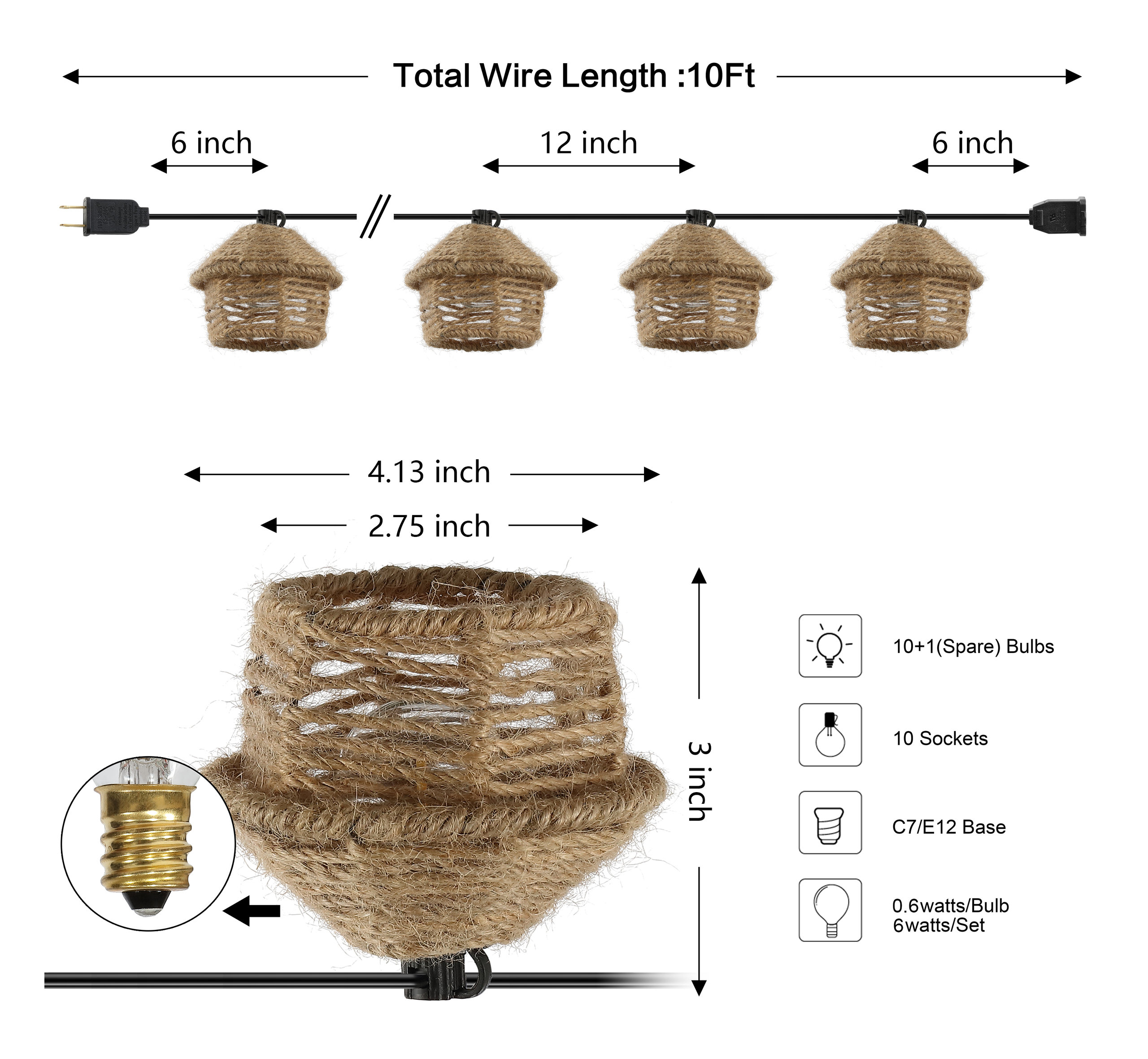 10-Light Indoor/Outdoor 10 ft G40 Tiki Hut Hemp Rope Shaded String ...