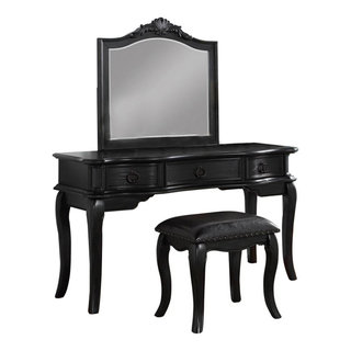 Benzara BM268890 3 Piece Vanity Set With Carved Mirror and Flared Legs ...