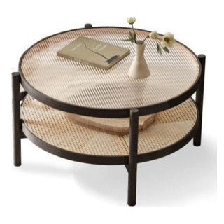 Oak Solid Wood Rattan Coffee Table, 33.7x17.7" - Tropical - Coffee ...