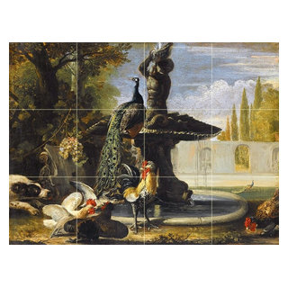 Tile Mural, Wall Backsplash A Dog Startling Cockerels, 6" Ceramic ...