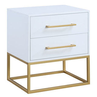 Maklaine Contemporary Wood Night Stand in Rich White/Brushed Gold ...