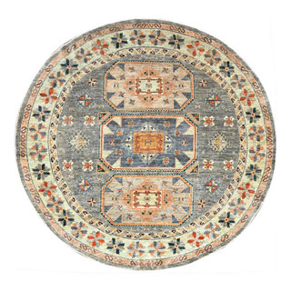Seared Gray Extra Soft Wool Caucasian Design Round Oriental Rug 8' x 8 ...