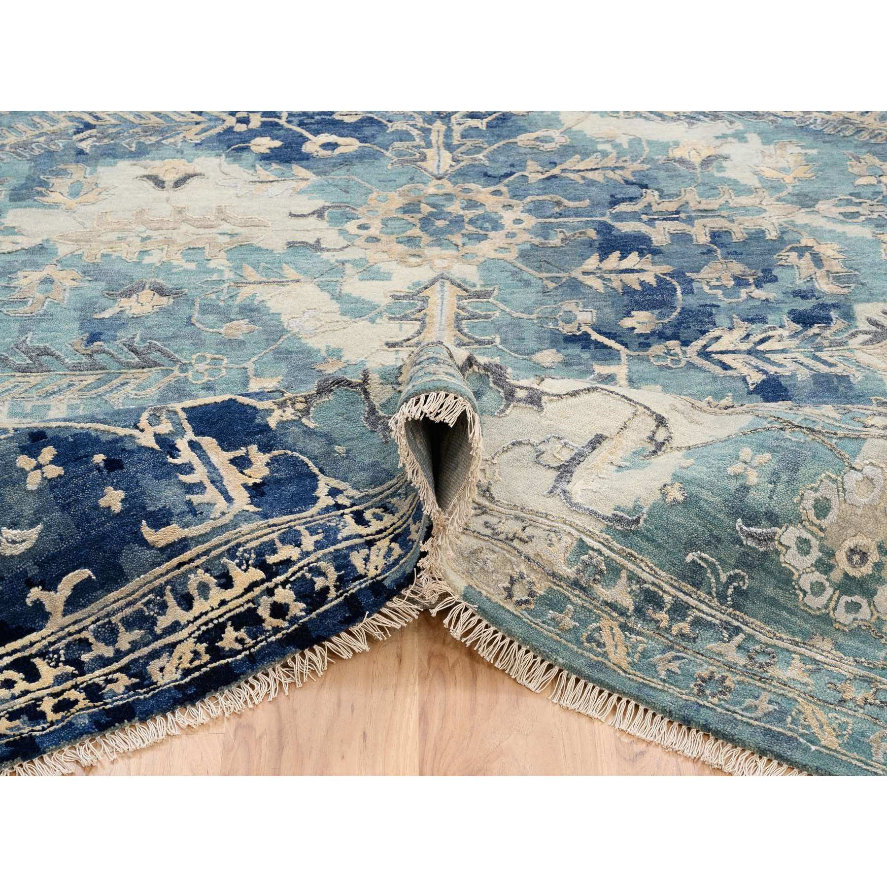 Blue/Teal Persian Heriz Erased Wool And Silk Hand Knotted Square Rug ...