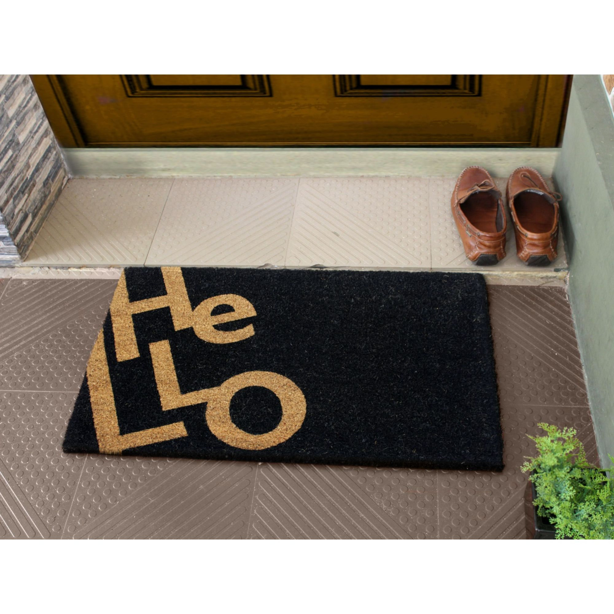 Black Machine Tufted Zigzag Hello Doormat, 18" x 30", 18" x 30 ...