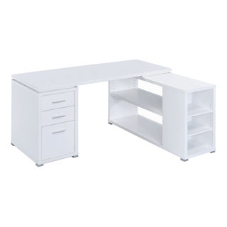 Contemporary L Shaped Office Desk with 3 Drawers and Shelves White