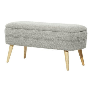 Gray Boucle Upholstered Storage Bench with Wood Legs, Rounded Polyester ...
