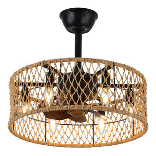 Aura Aura 18" Boho Caged Farmhouse Woven Rattan Ceiling Fan with Lights ...