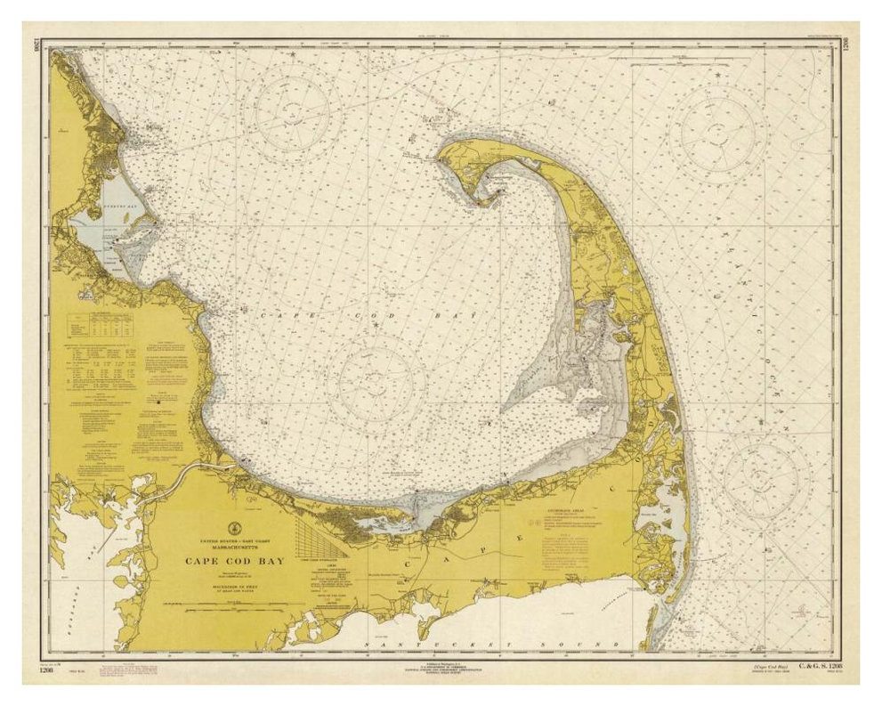 "Nautical Chart - Cape Cod Bay ca. 1970 - Sepia Tinted" Paper Art, 42 ...