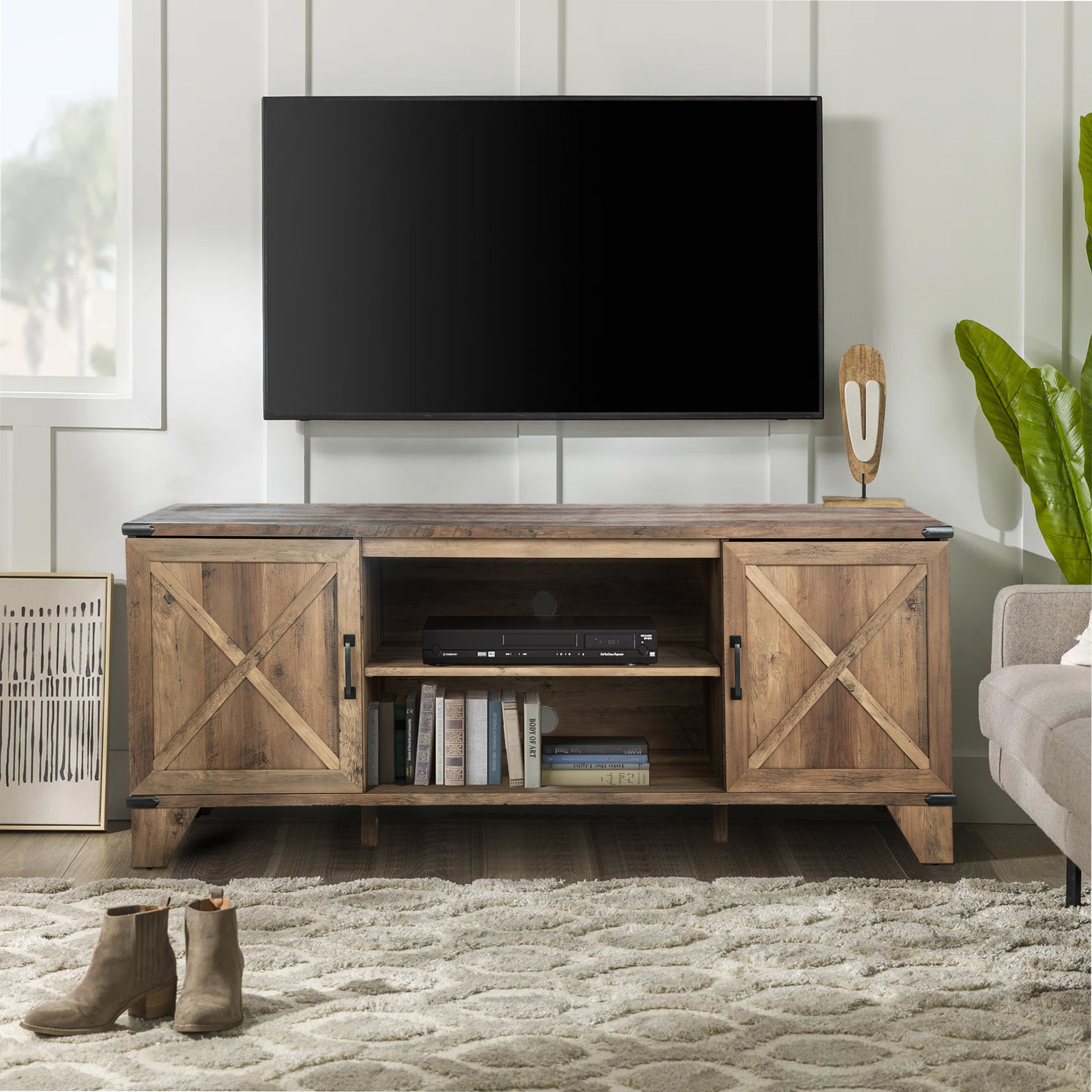 Oxford 60'' Wide 6 shelves Wooden Farmhouse TV Stand in Rustic Oak ...