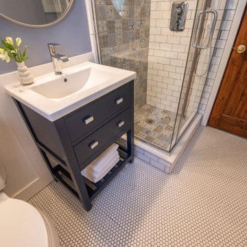 75 Ceramic Tile Powder Room with Blue Cabinets Ideas You'll Love ...