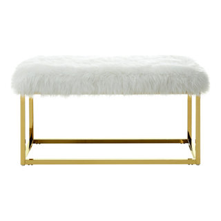40" White And Gold Upholstered Faux Fur Bench - Upholstered Benches ...
