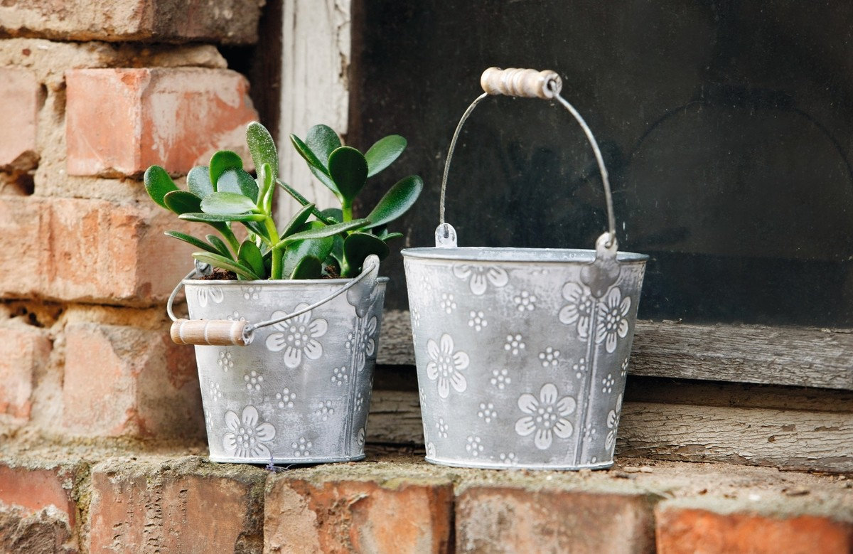 Zinc Bucket Planters With Flower Patterns, Set of 2 - Farmhouse ...