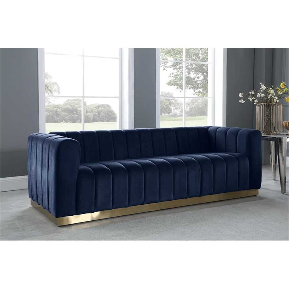 Pemberly Row Contemporary Velvet/Stainless Steel Sofa in Navy/Brushed ...