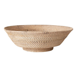 Round Hand-Woven Rattan Footed Bowl, Natural - Tropical - Decorative ...