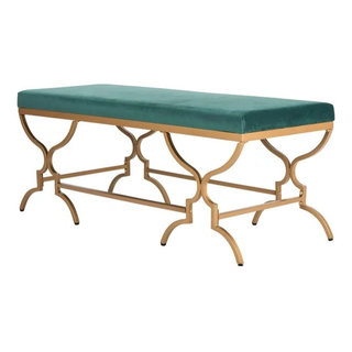 Glam Emerald Velvet Bench with Gold Geometric Base and Cushioned Seat ...