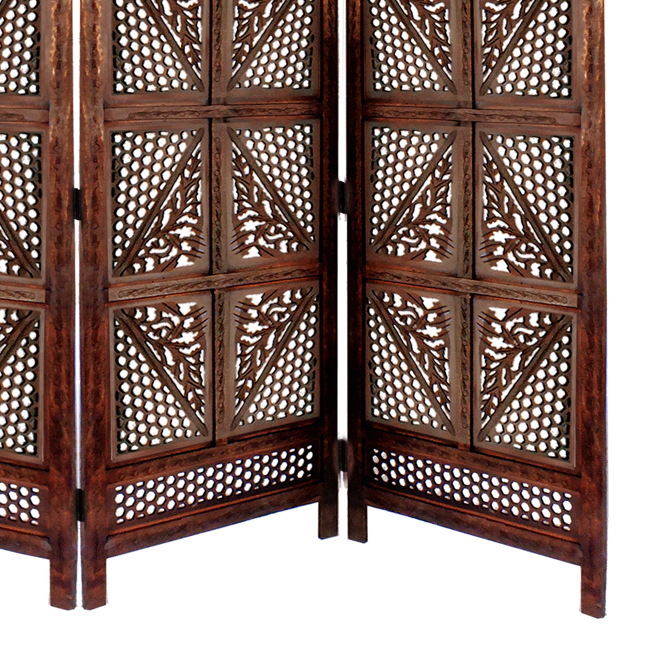 Traditional 4 Panel Wooden Room Divider With Hand Carved Details ...