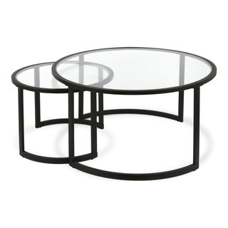 36" Black Glass Round Nested Coffee Tables, 2-Piece Set - Transitional ...