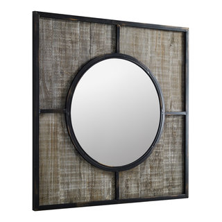 32" Transitional Square Metal and Wood Frame Wall Mirror - Industrial ...