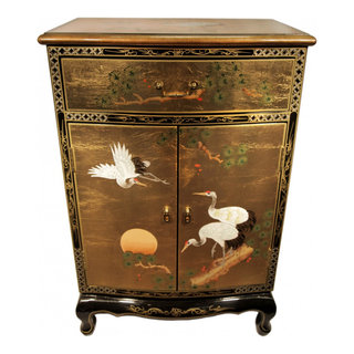 36" Round Front Gold Leaf Shoe Cabinet Hand Painted Cranes - Asian ...