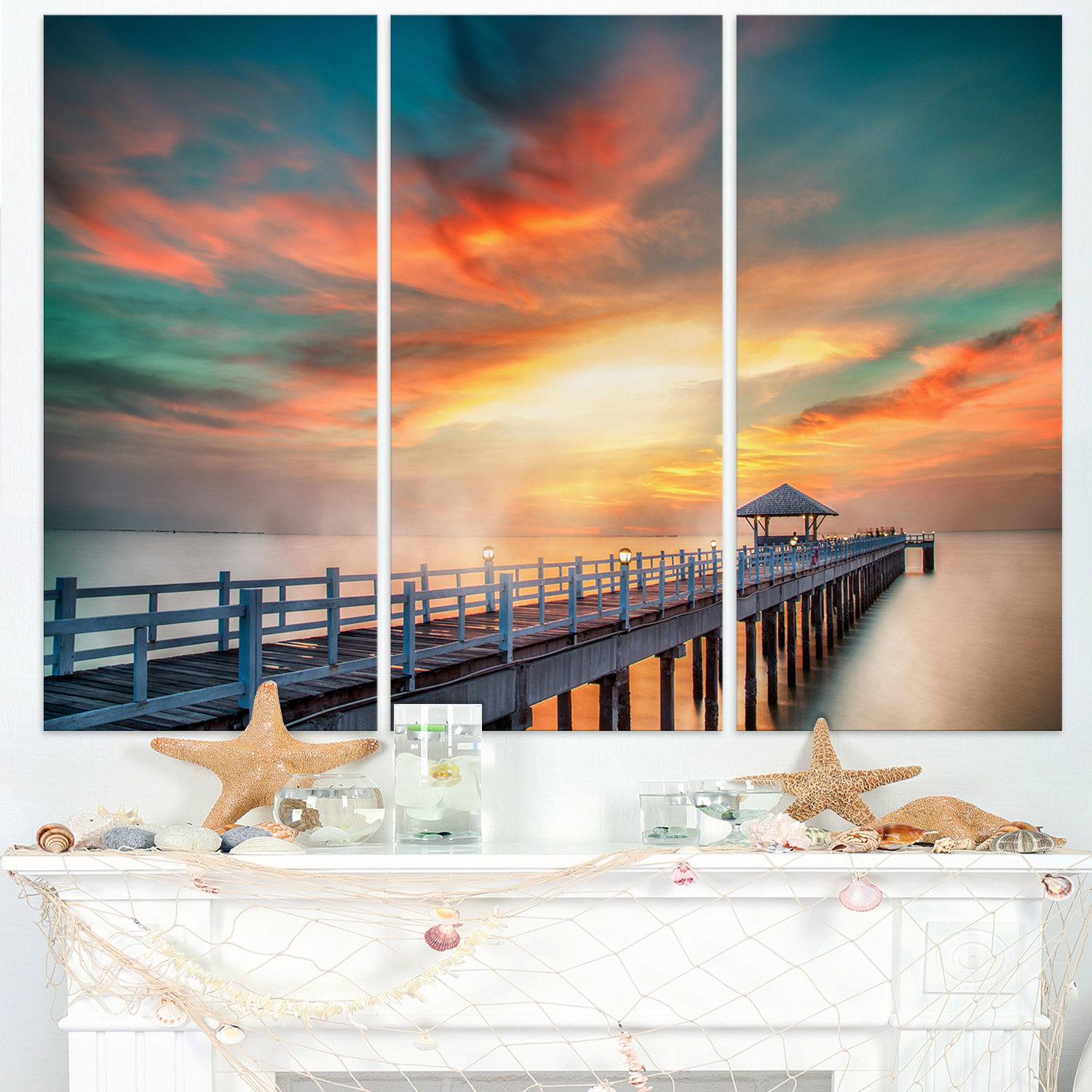 "Fascinating Sky and Wooden Bridge" Sea Pier Wall Art, 36"x28" 3 Panel ...