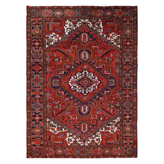 Raspberry Red Worn Wool Hand Knotted Semi Antique Persian Heriz Rug 7'9 ...