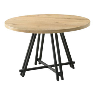 Tate Oak Finish 47" Round Dining Table, Metal Base - Industrial ...