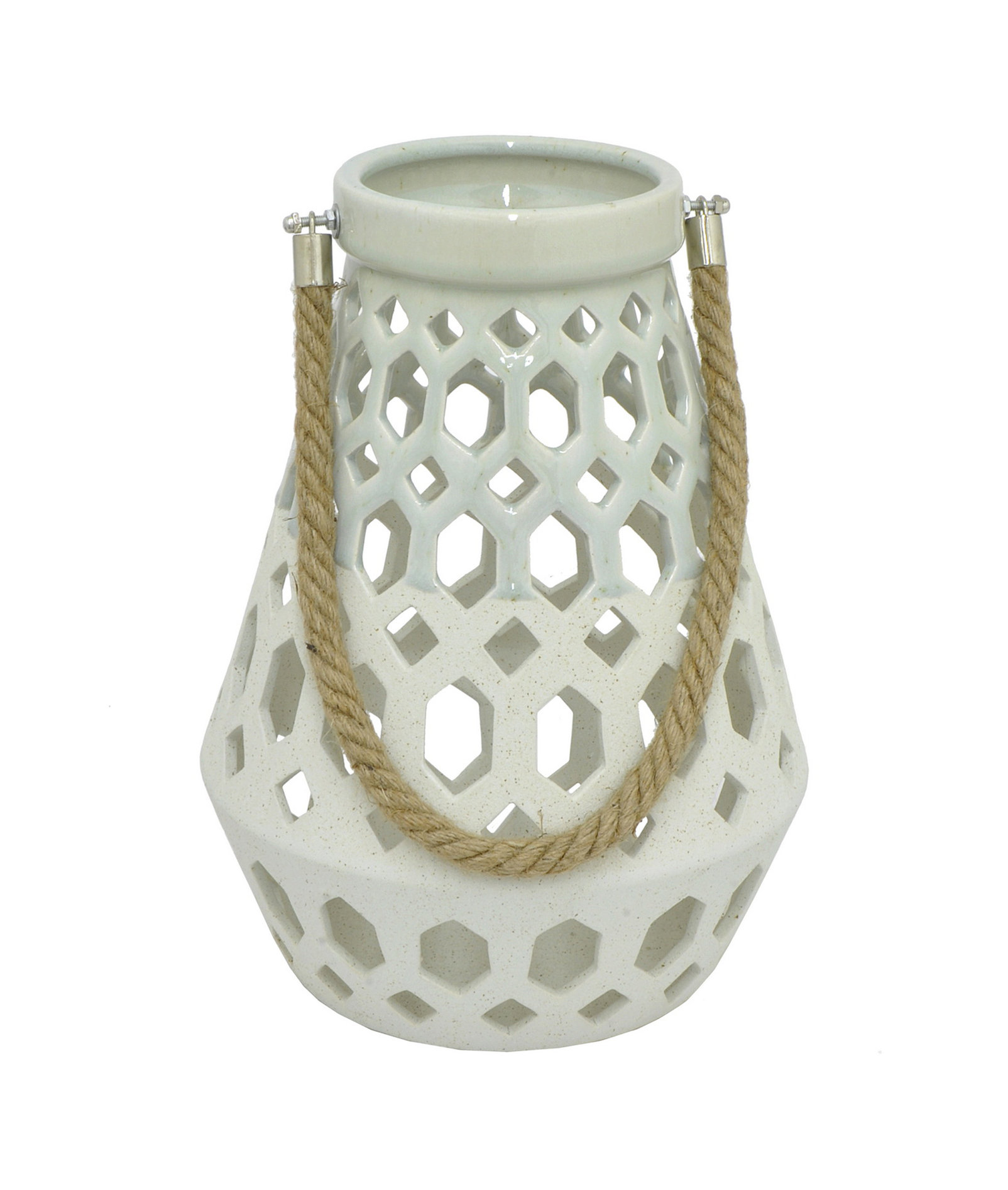 Plutus Brands Ceramic Lantern With Rope, Ivory, White Porcelain - Beach ...