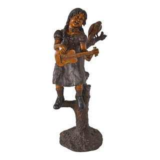 Girl on a Tree Playing the Ukulele With a Parrot Bronze Statue 25" x 23 ...