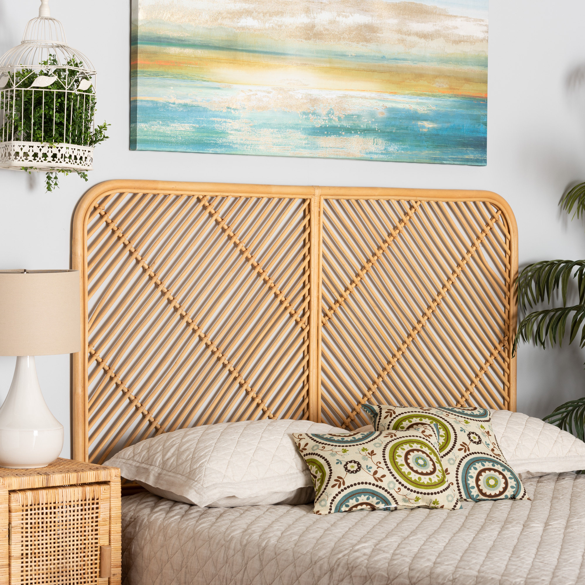 Sakina Modern Bohemian Natural Brown Rattan Queen Size Wall-mount ...
