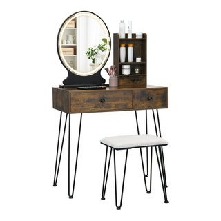 Natural Rustic Vanity Table with Round Mirror, LED & Organized Storage ...