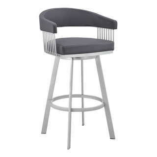 Chelsea Slate Gray Faux Leather and Silver Metal Bar Stool, Bar Height ...