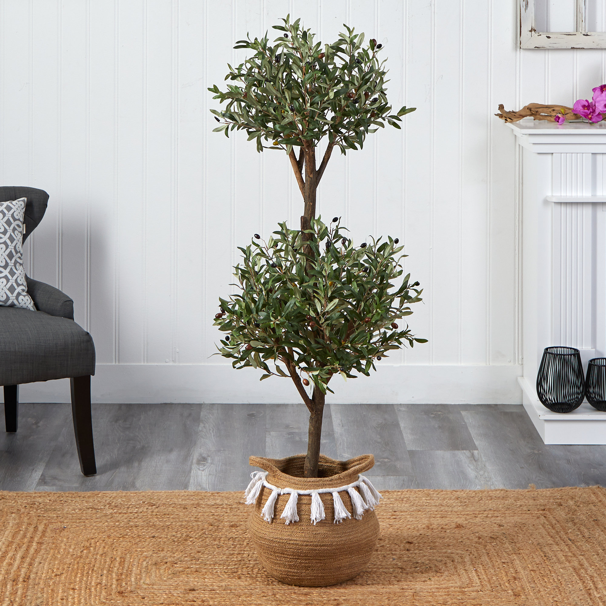 4.5ft. Artificial Olive Double Topiary Tree With Handmade Basket With ...
