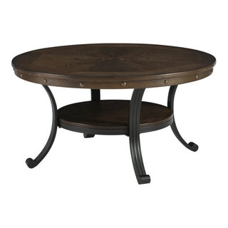 Industrial Round Coffee Table with Curved Legs and Nailhead Trim ...