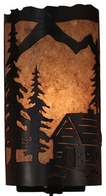 Kodiak and Woodchip Cabin Scene Panel Sconce - Rustic - Wall Sconces ...