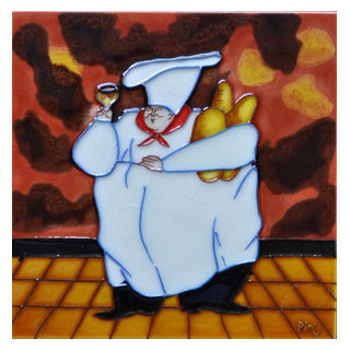 8x8" Fat Chef With Bread Ceramic Art Tile Hand Painted Trivet Hot Plate ...
