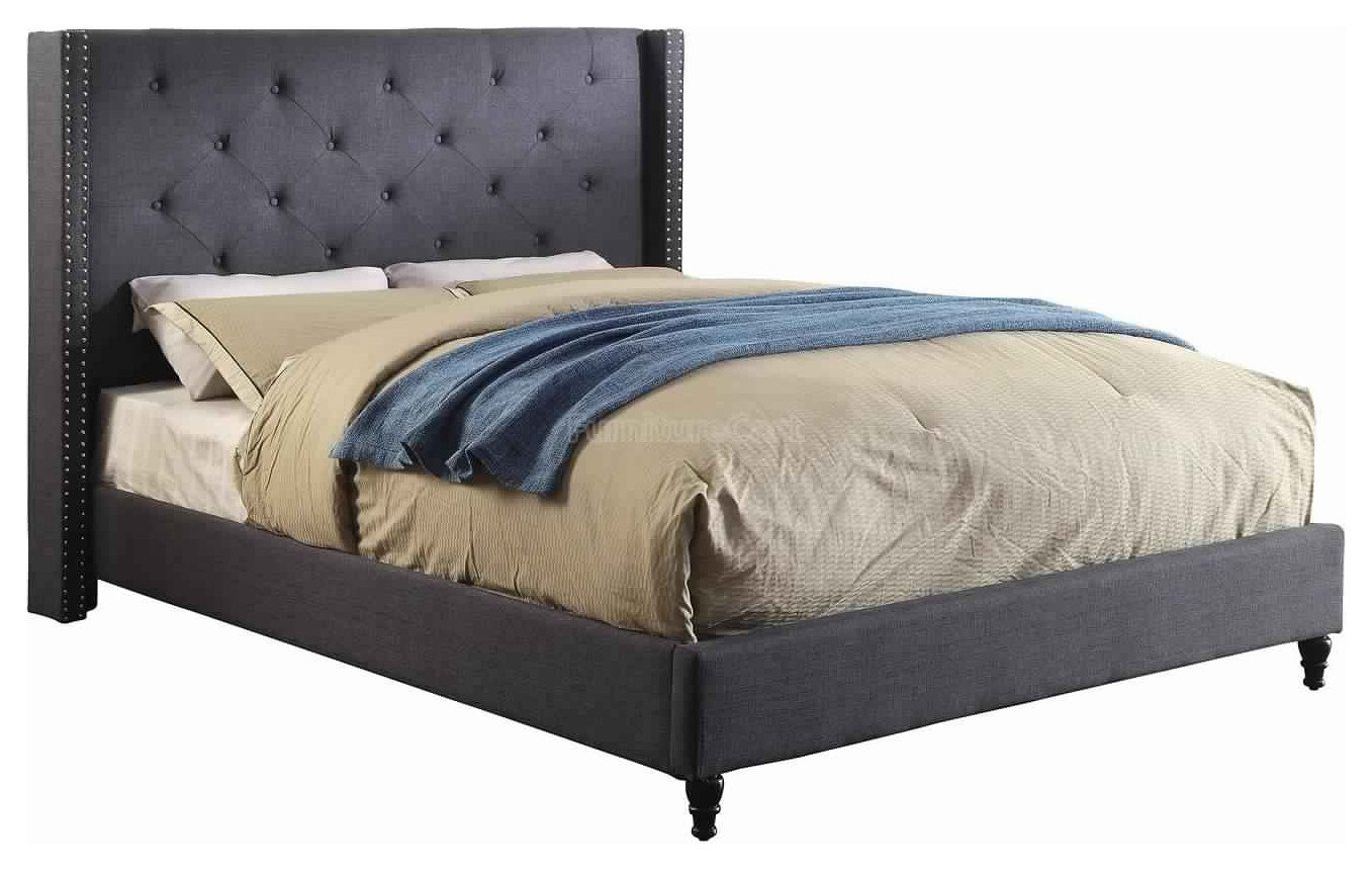 Button Tufted Wingback Queen Size Bed with Nailhead Trims, Dark Gray ...