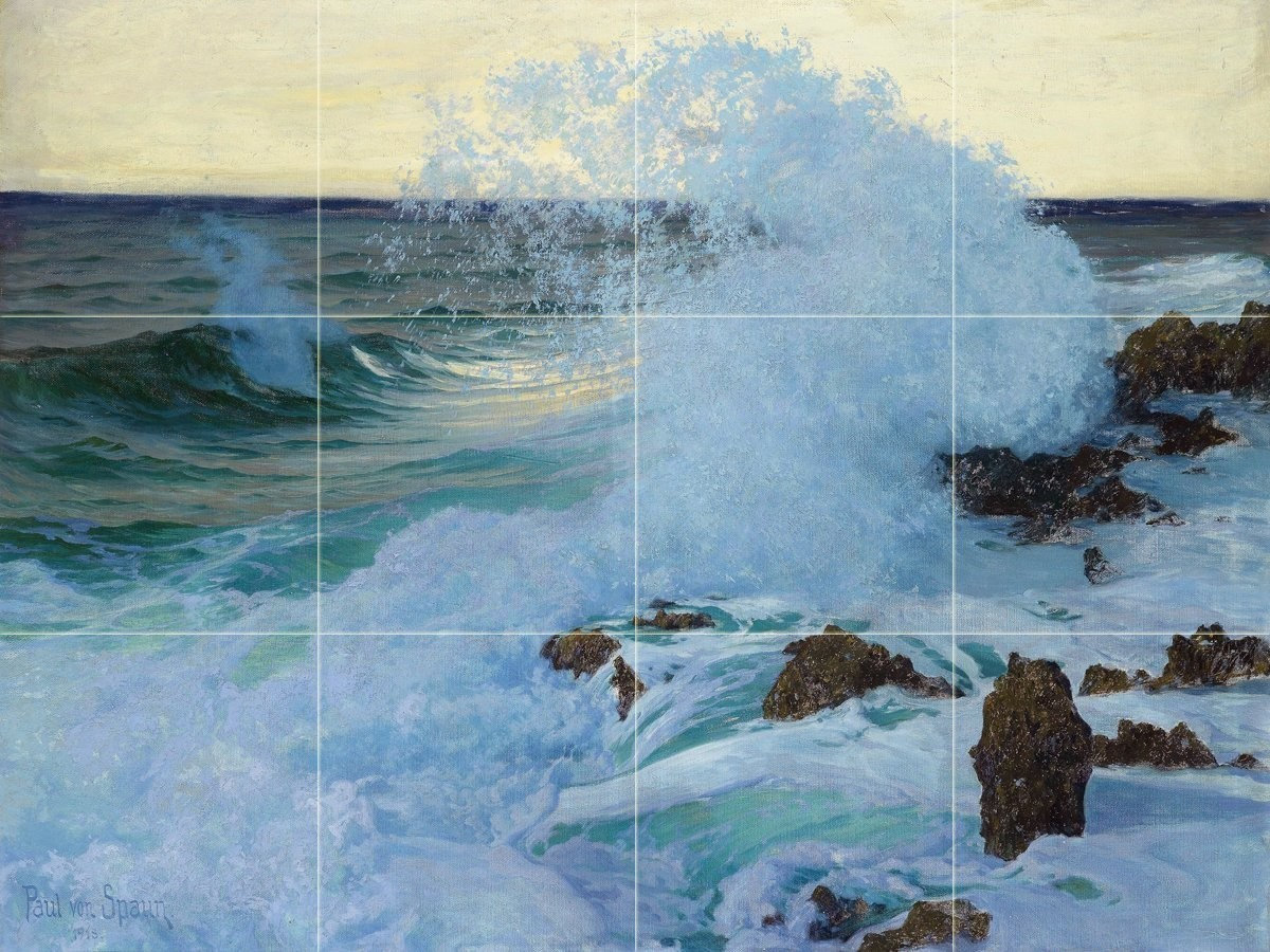 Tile Mural, Wall Backsplash Seascape Surf Wave, 6" Marble - Beach Style ...