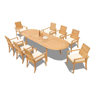 9-Piece Outdoor Teak Dining Set: 117" Oval Ext Table, 8 Alps Stacking ...